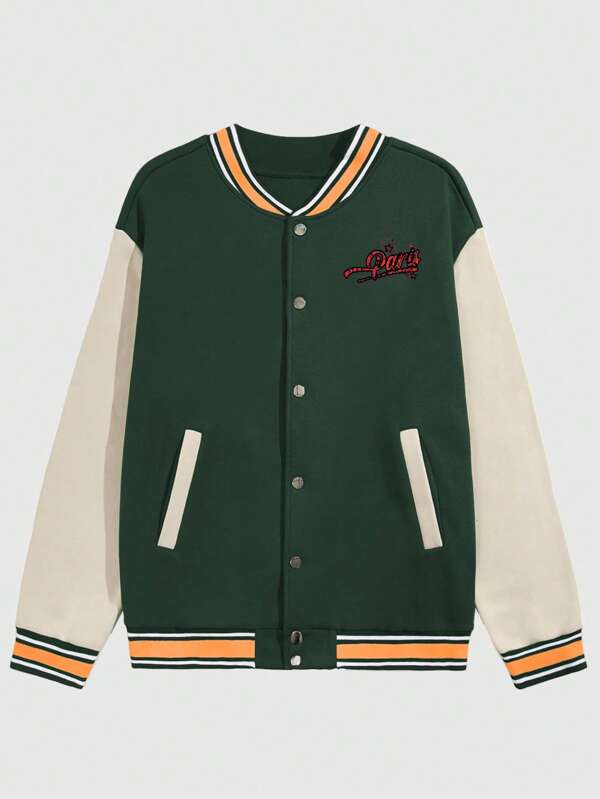 ROMWE Street Life Guys Letter Striped Trim Drop Shoulder Varsity Jacket ...