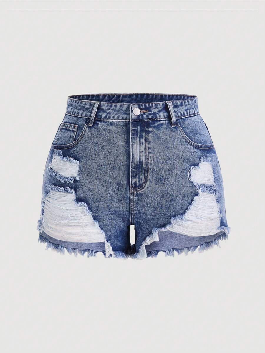 SHEIN EZwear CURVE Plus Ripped Raw Hem Denim Shorts | SHEIN USA