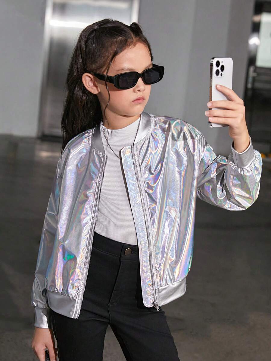 SHEIN Tween Girl Holographic Zip Up Metallic Bomber Jacket | SHEIN EUR