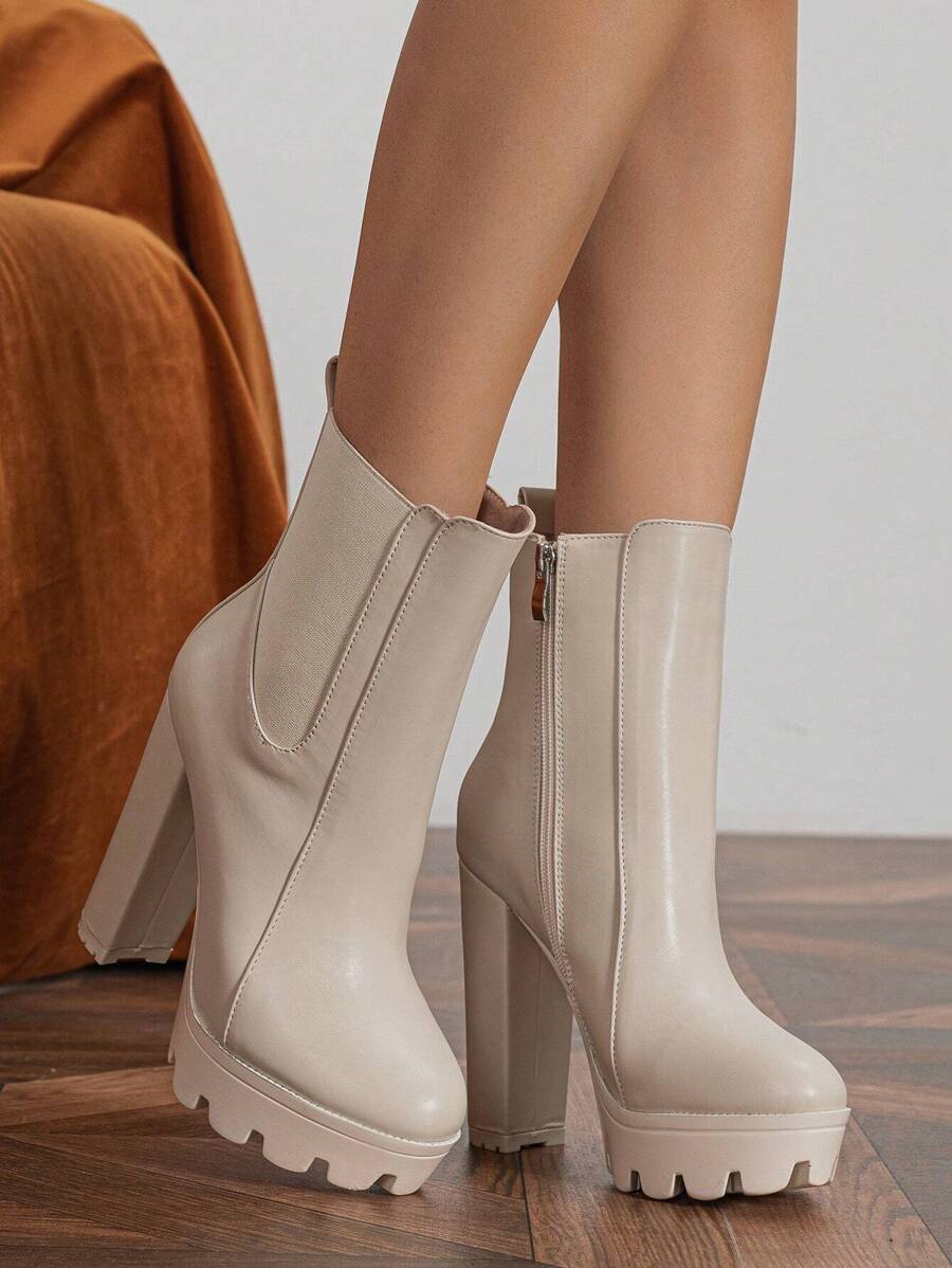 Round Toe Mid-calf Chunky Heel Platform Boots | SHEIN USA