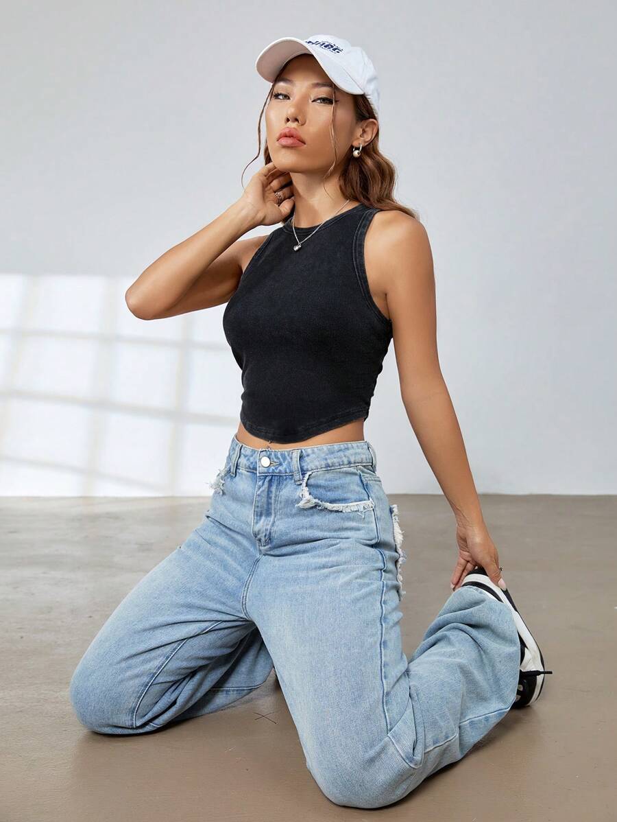 SHEIN x Marika Sila SHEIN EZwear Summer Outfit Vintage Solid Curved Hem ...