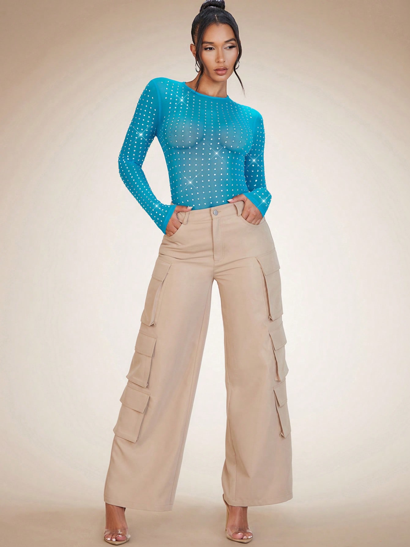 SHEIN BAE Rhinestone Studded Detail Sheer Mesh Bodysuit | SHEIN UK