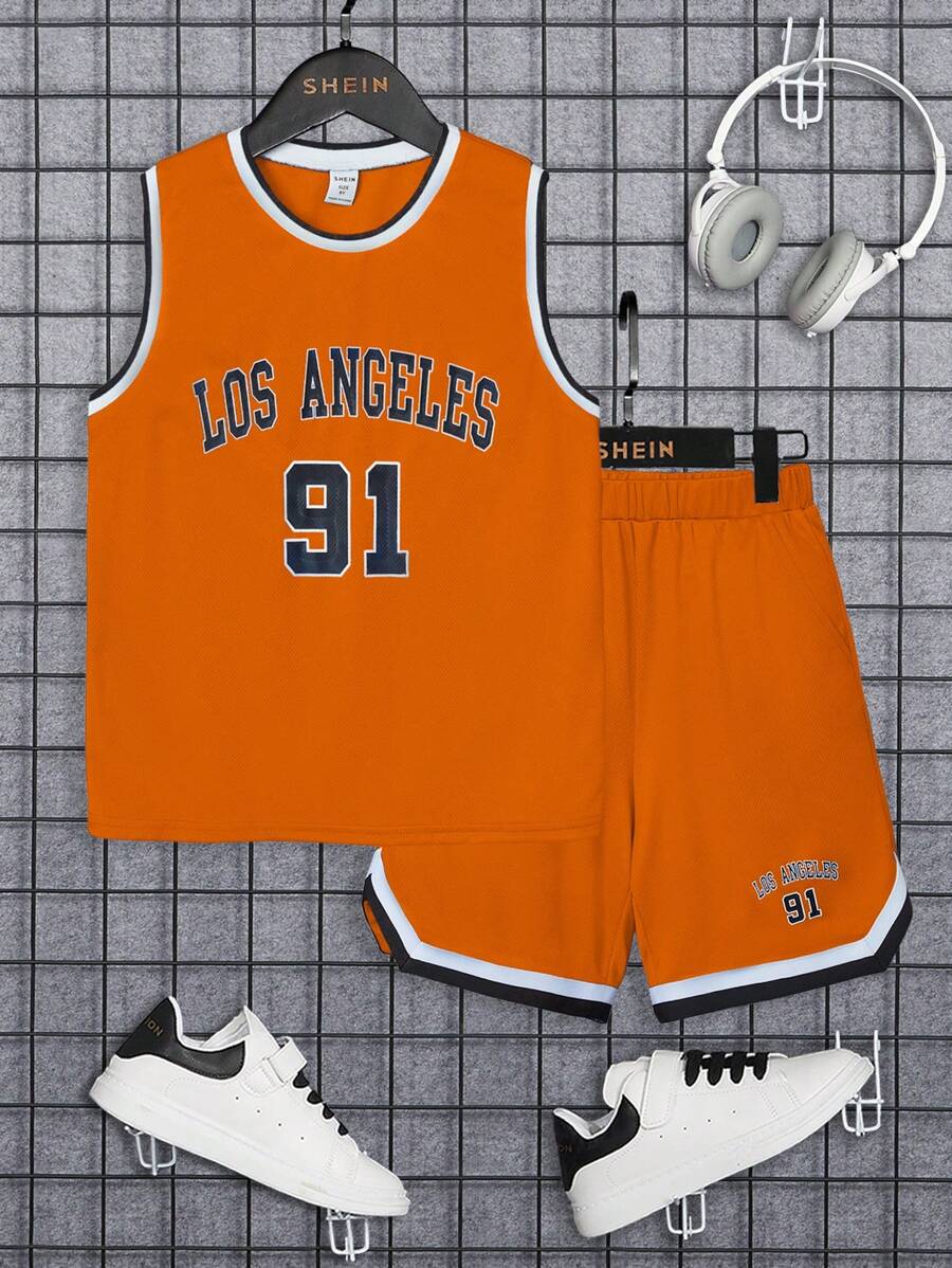 SHEIN Tween Boy Letter Graphic Contrast Trim Basketball Jersey Set ...