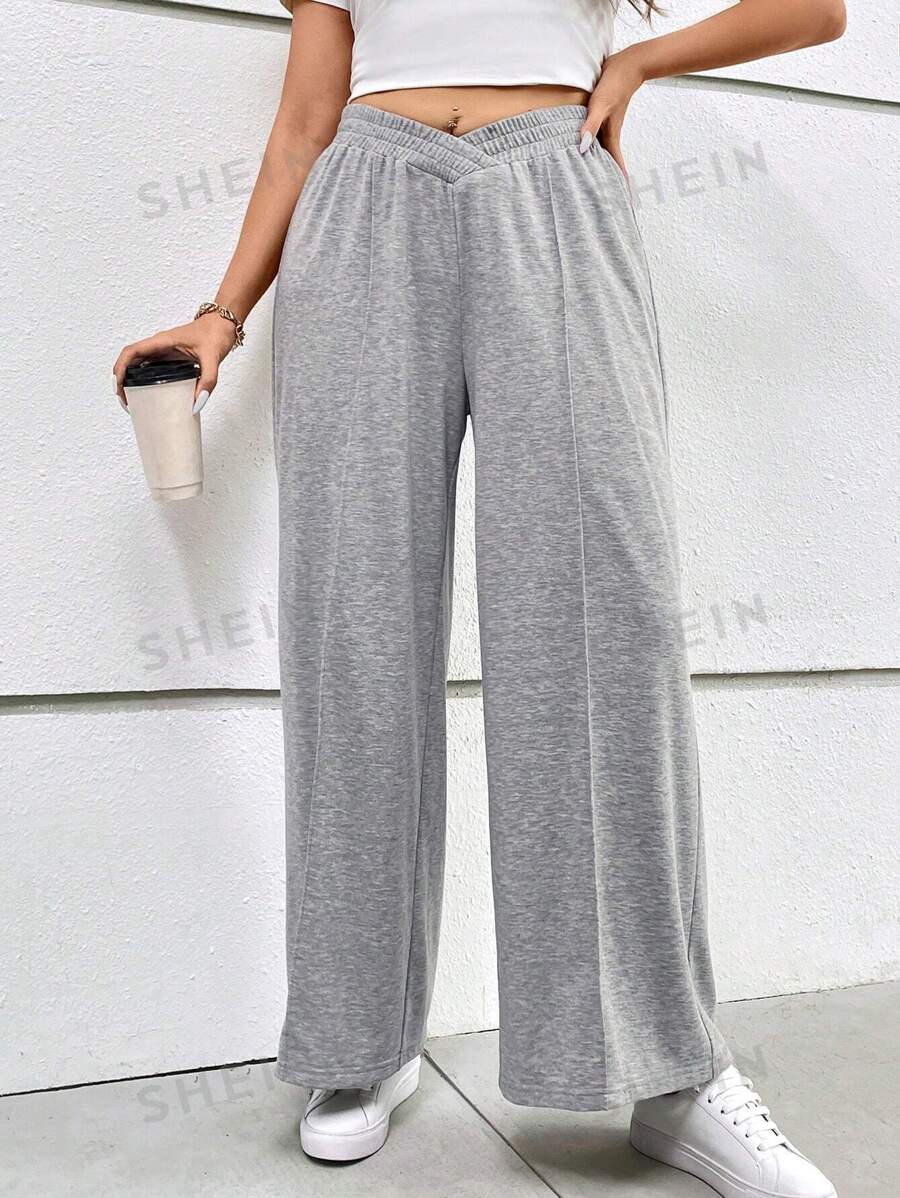SHEIN Essnce Plus Solid Overlap Waist Wide Leg Sweatpants | SHEIN USA