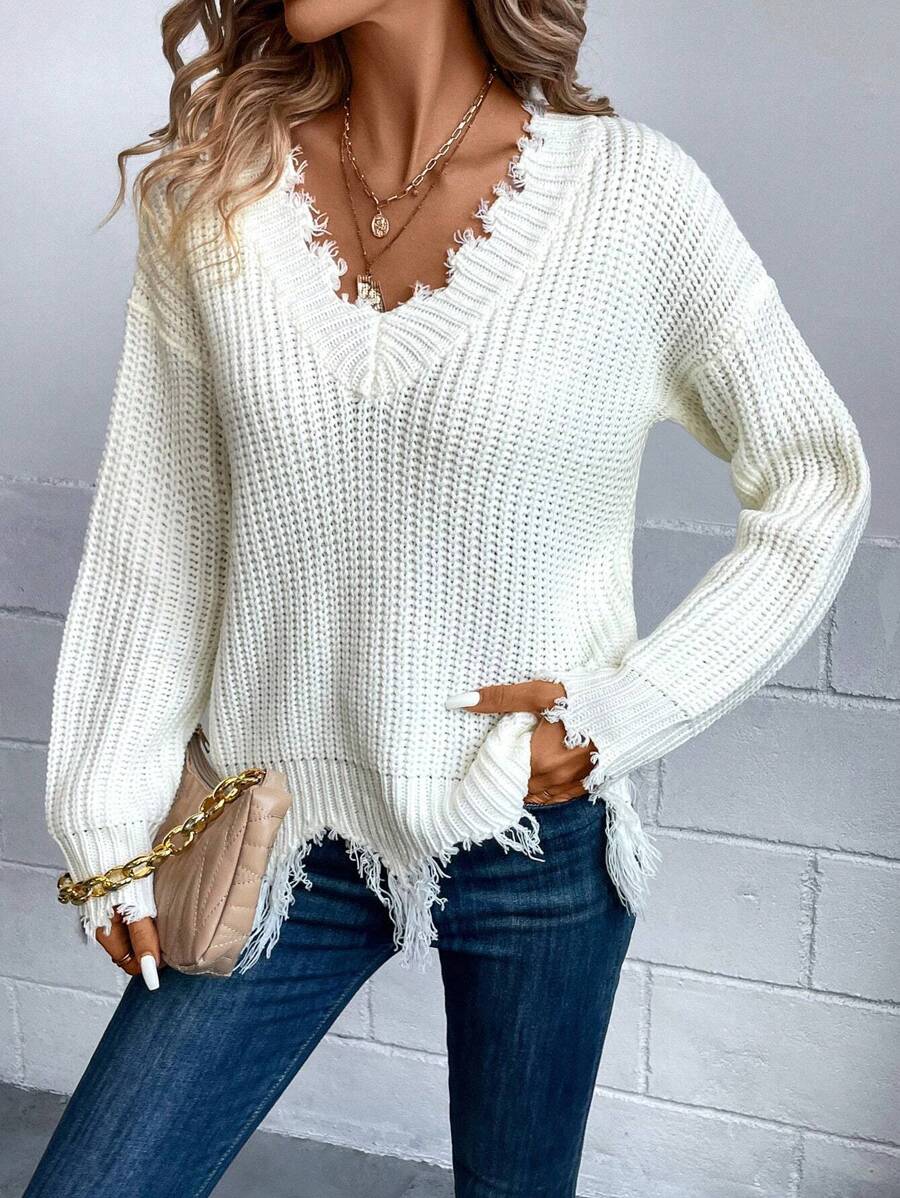 EMERY ROSE Drop Shoulder Distressed Sweater,Long Sleeve Tops Knit ...