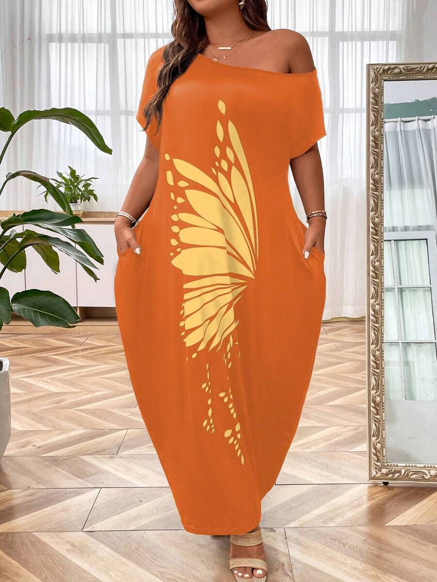 SHEIN Relaxiva Plus Butterfly Print Batwing Sleeve Hidden Pocket Dress ...