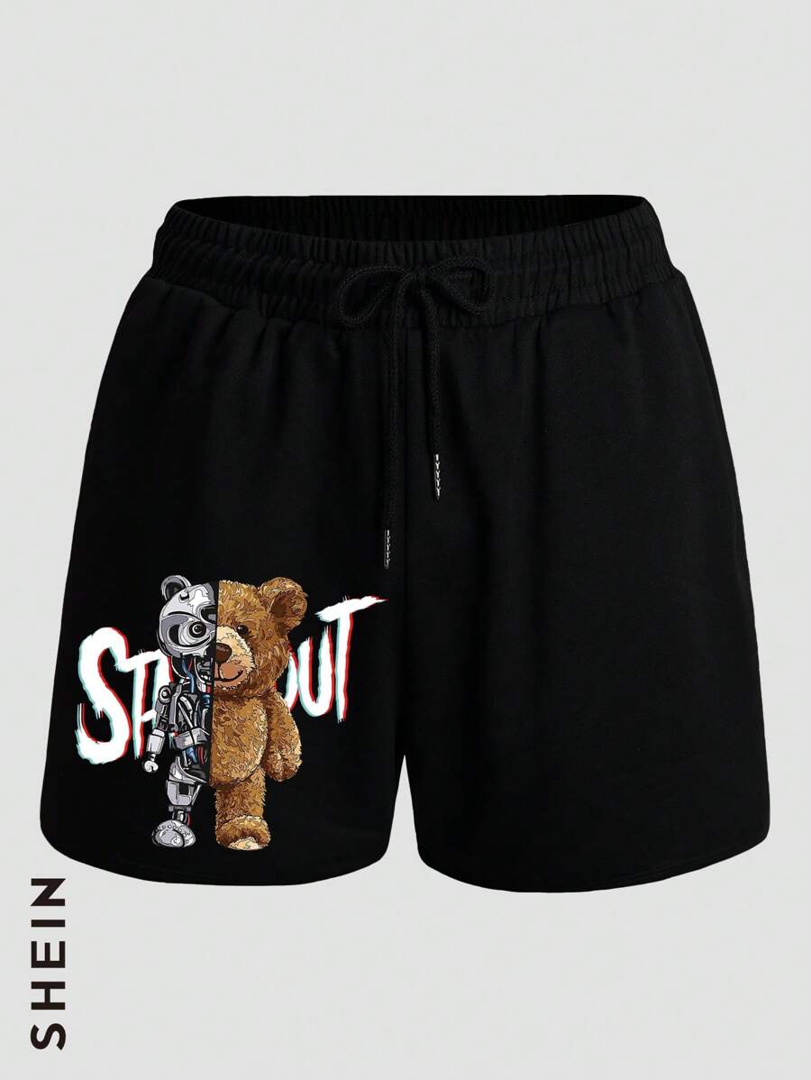 Manfinity Dauomo Men Bear & Letter Graphic Drawstring Waist Shorts ...