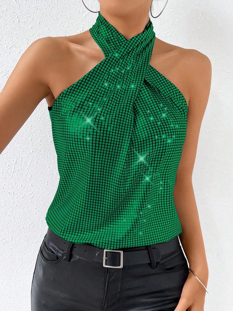 SHEIN Allurite Criss Cross Halter Neck Top | SHEIN USA
