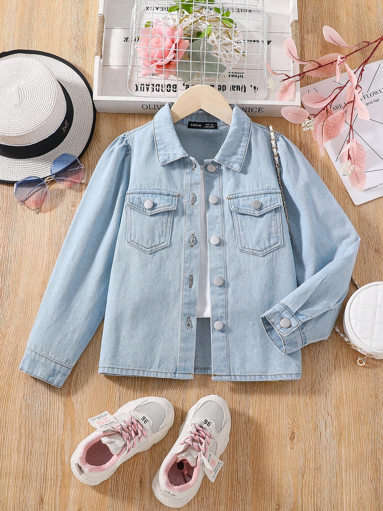 Tween Girl Flap Pocket Puff Sleeve Denim Shirt | SHEIN USA