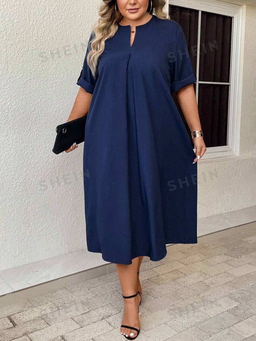Shein Lune Plus Notched Neckline Fold Pleated Detail Dress Shein Eur