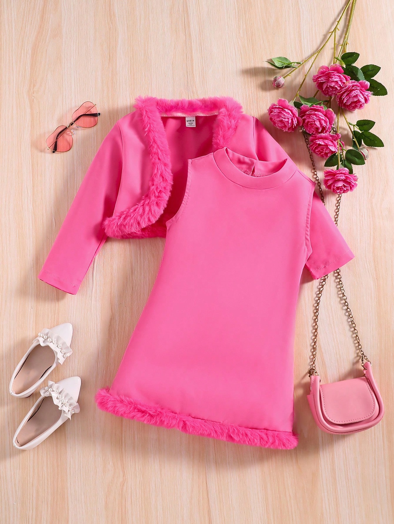 Young Girl Fuzzy Trim Jacket & Tank Dress | SHEIN USA