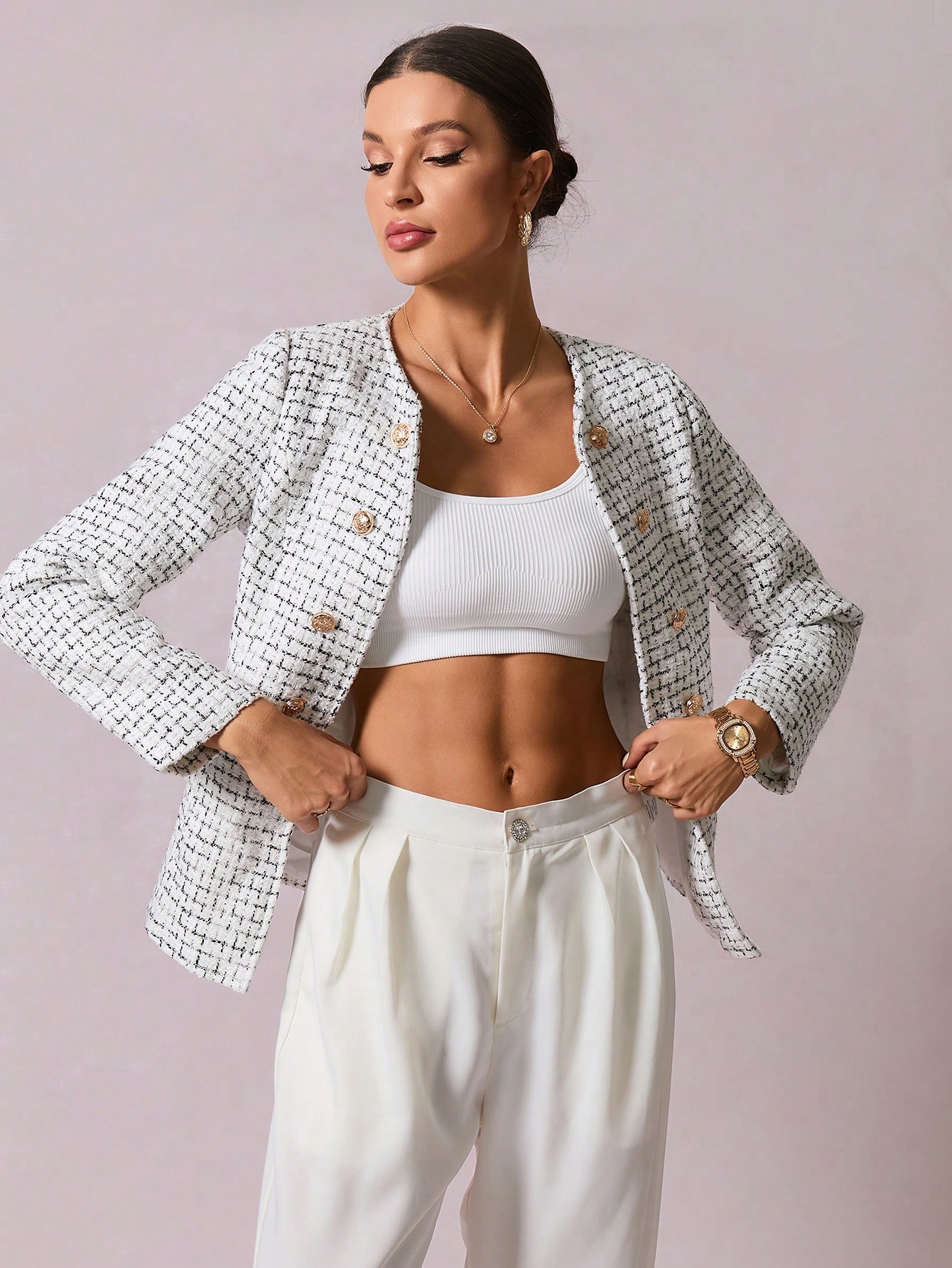 Plaid Pattern Double Breasted Tweed Overcoat | SHEIN UK