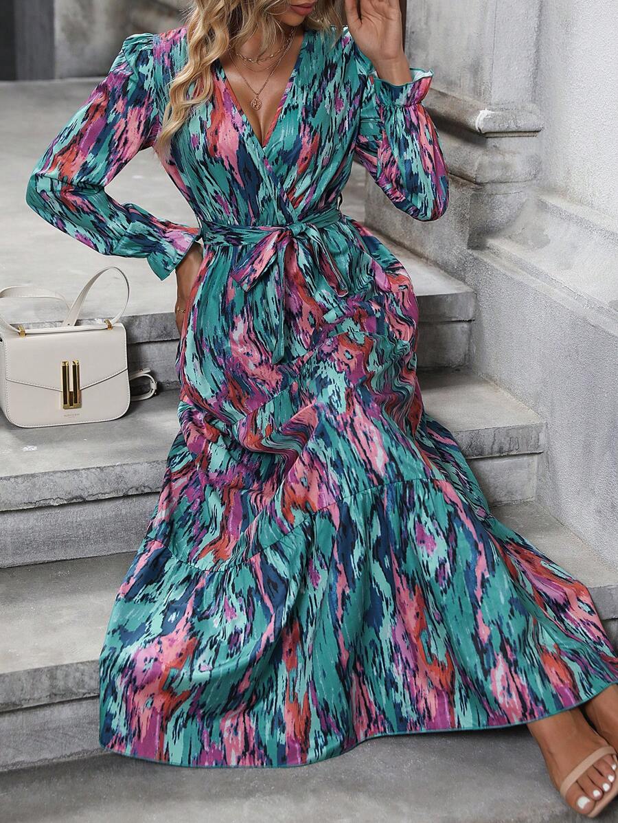 SHEIN Clasi Kleid mit Gürtel, All Over Print Volant Ärmeln ...