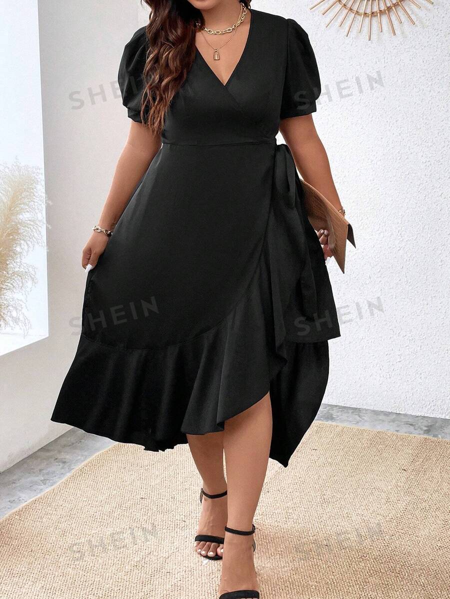 Shein Essnce Plus Puff Sleeve Tie Side Ruffle Hem Wrap Dress Shein Usa