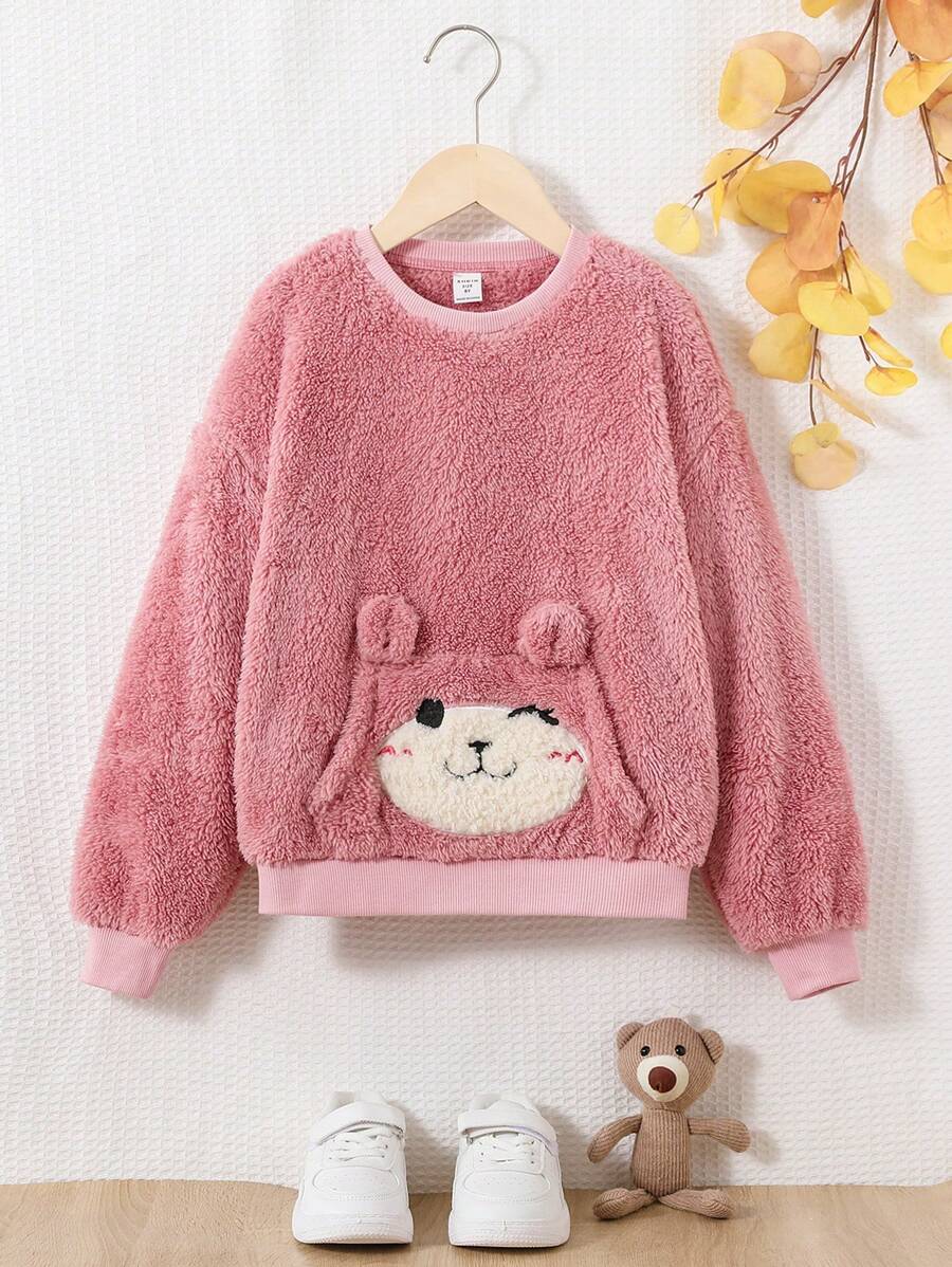 SHEIN Tween Girl Cartoon Embroidery 3D Ears Design Teddy Pullover ...