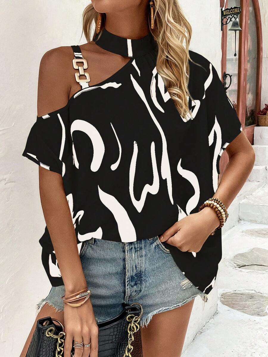 SHEIN LUNE Blusa con estampado de dibujo de cuello asimétrico con ...