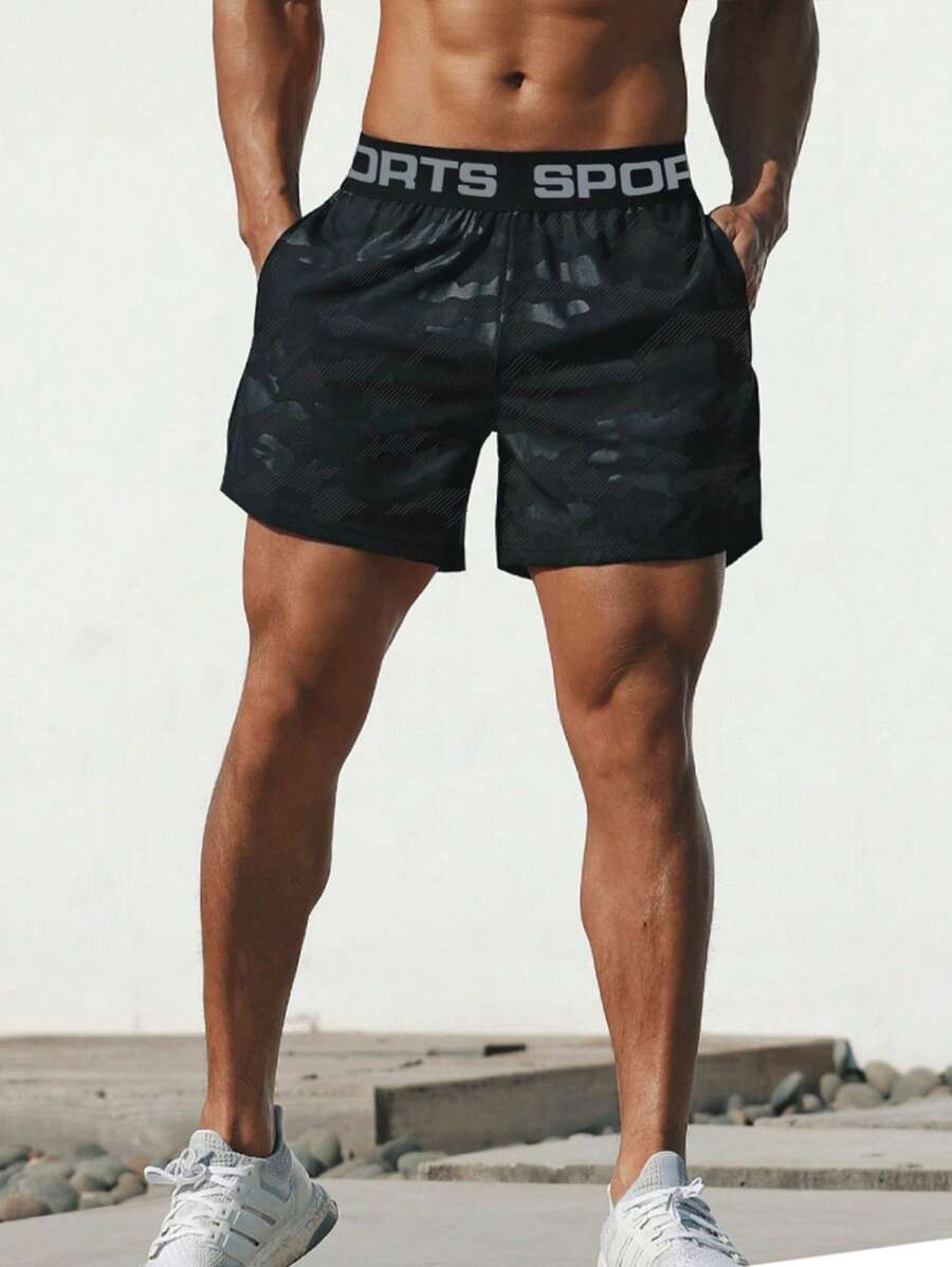 Manfinity Fitness Men Camo Print Letter Tape Waist Slant Pocket Sports ...