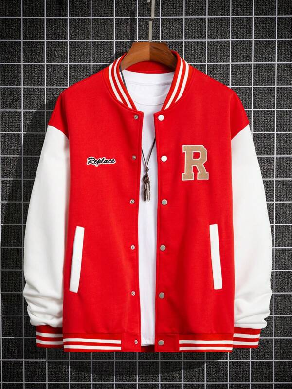 ROMWE Prep Men Letter Embroidery Two Tone Drop Shoulder Varsity Jacket ...
