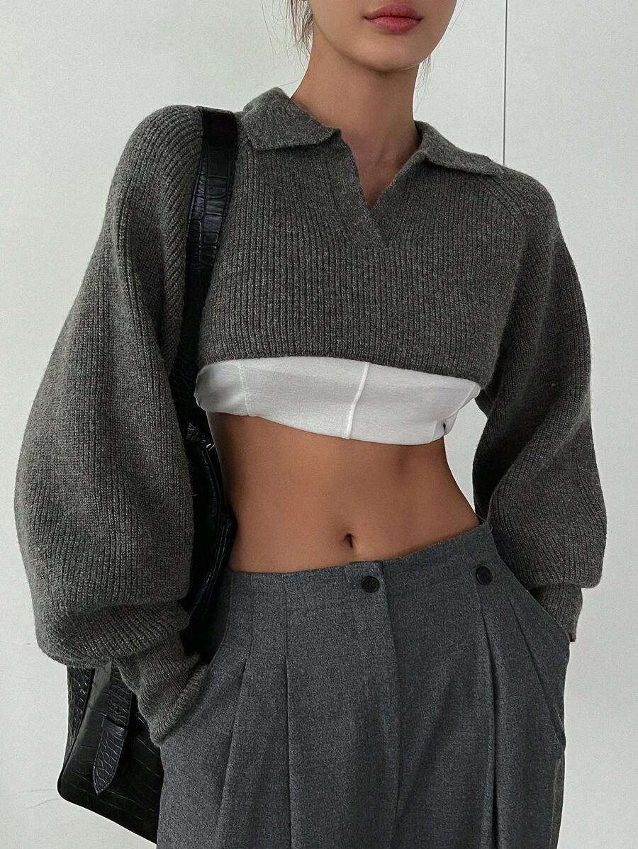 Dazy-Less Solid Raglan Sleeve Crop Sweater Without Tube Top Fall | SHEIN UK