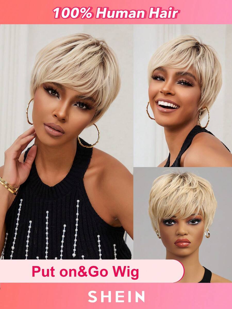 150% Density & Golden Color & Super Elf Short Hair & Human Hair Wigs ...