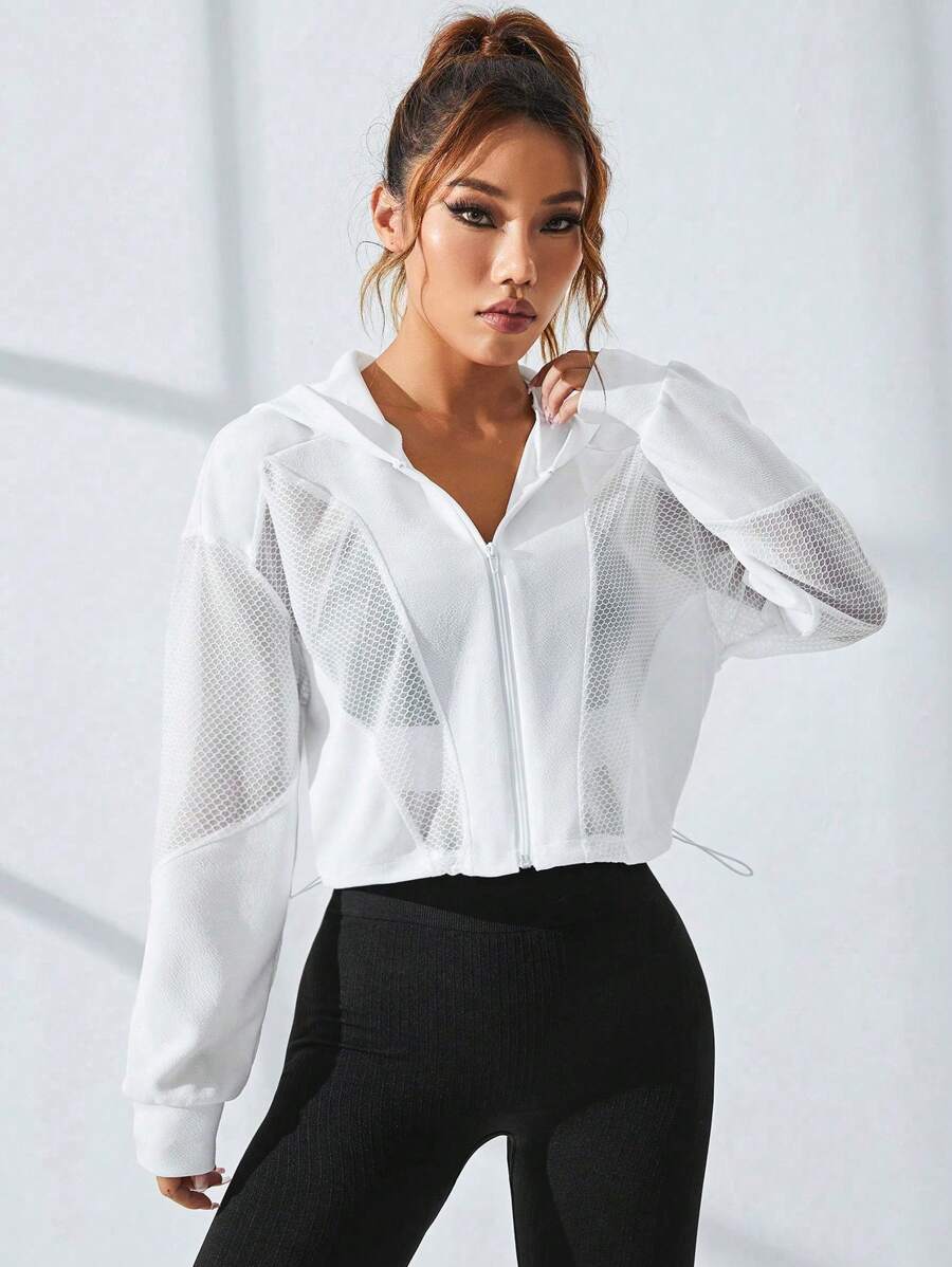 SHEIN Hollow Out Zip Up Hooded Sports Jacket | SHEIN USA