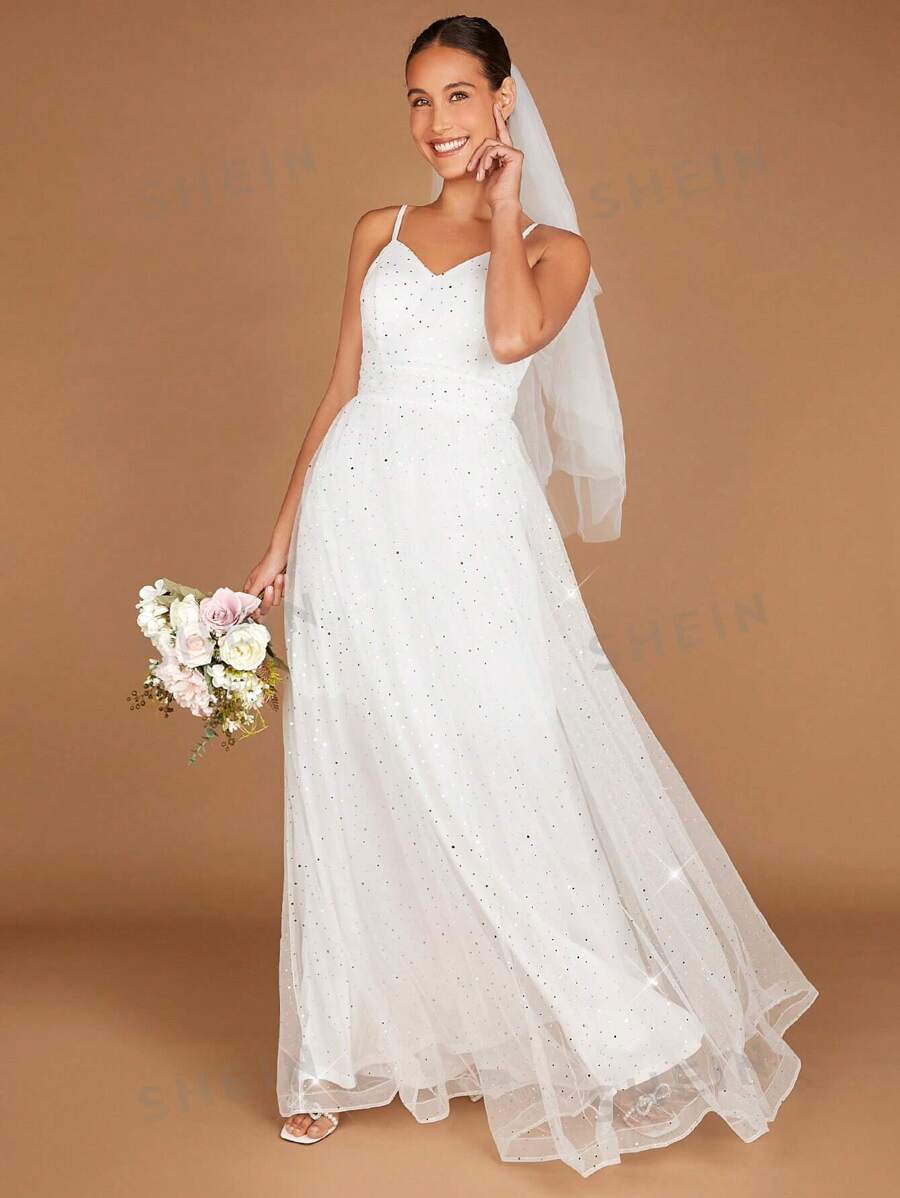 SHEIN Belle 1pc Sequin Decor Cami Wedding Dress Without Veil | SHEIN USA