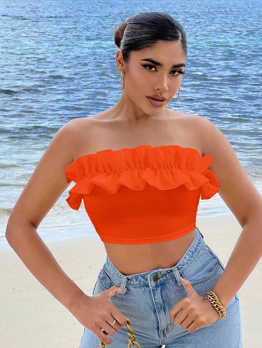 SHEIN SXY Ruffle Trim Crop Tube Top | SHEIN USA