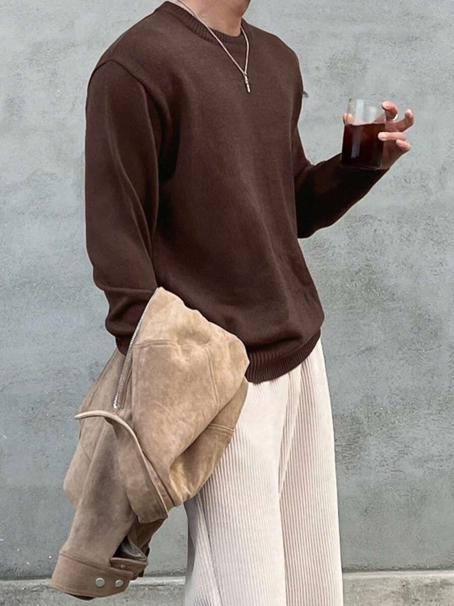 DAZY Men Solid Drop Shoulder Brown Fall Sweater | SHEIN USA