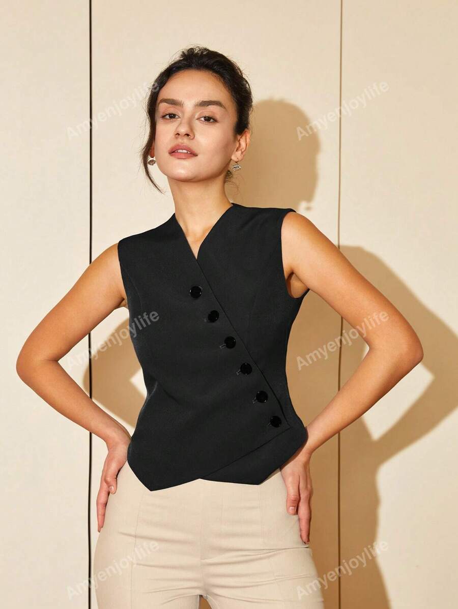 Spring/Summer Women's Slant Button Front Casual Blazer Vest, Crop Tops ...