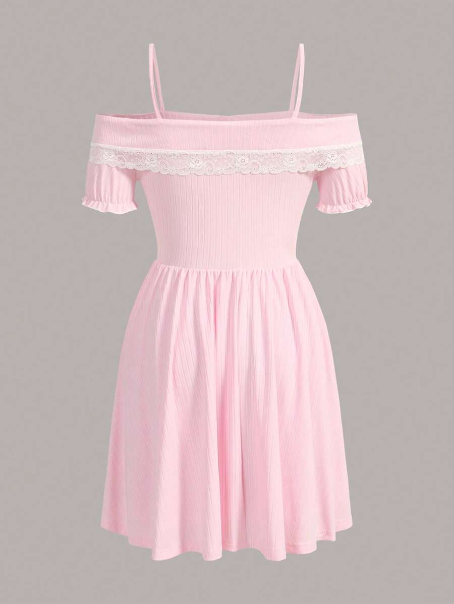 ROMWE Kawaii Contrast Lace Cold Shoulder Bow Front Dress | SHEIN USA
