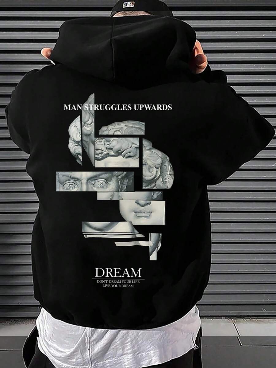 Manfinity EMRG Loose Fit Men's Slogan Graphic Drawstring Hoodie, Long ...