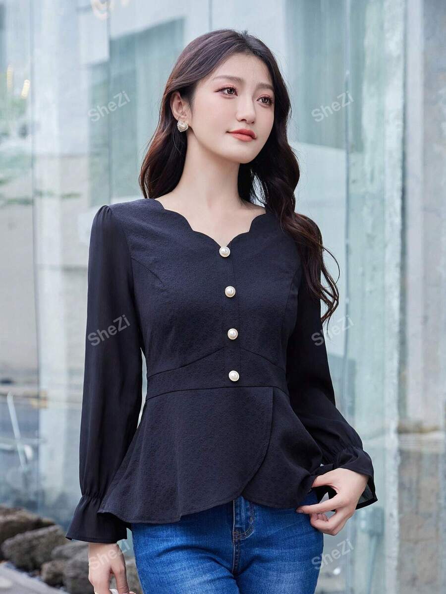 Scallop Trim Flare Sleeve Button Front Peplum Blouse | SHEIN USA