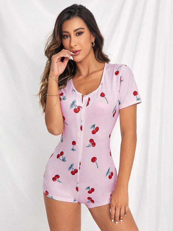 Cherry Print Button Front Sleep Romper | SHEIN USA