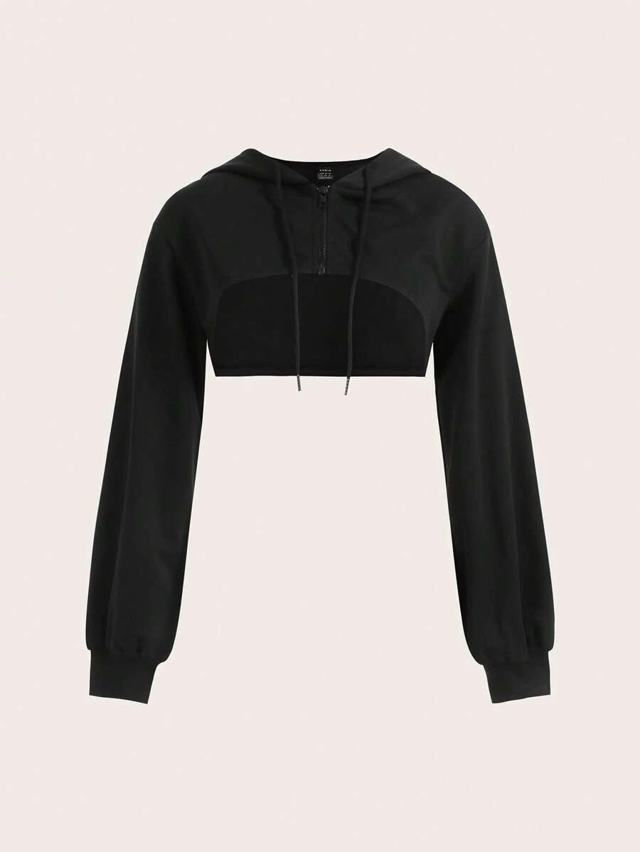 SHEIN EZwear Drop Shoulder Zipper Up Super Crop Drawstring Hoodie Without Cami Top In Fall ...