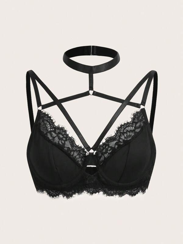 Contrast Lace Underwire Bra With Choker | SHEIN USA