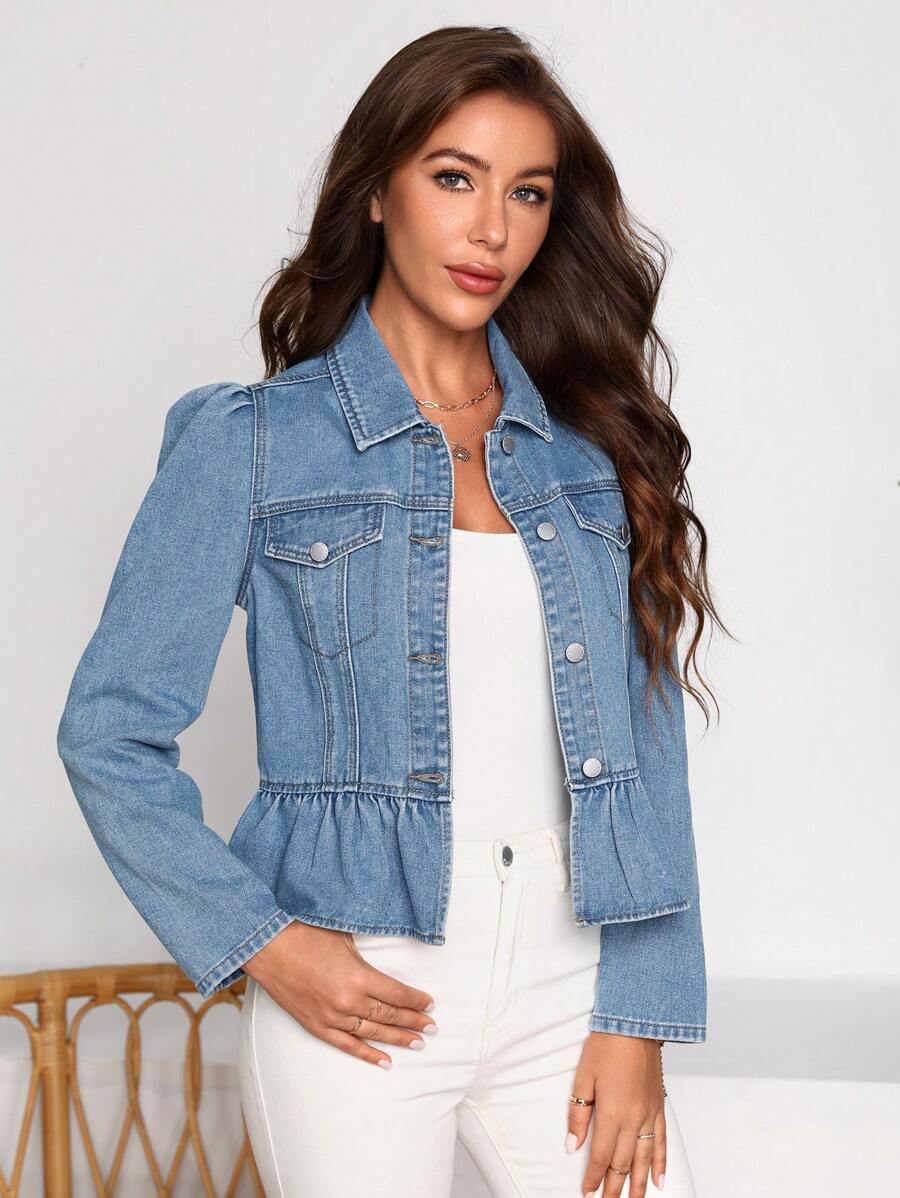 SHEIN LUNE Flap Pocket Ruffle Hem Denim Jacket | SHEIN USA