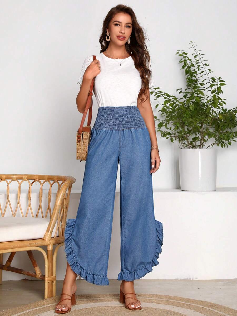 SHEIN Ruffle Hem Wide Leg Jeans | SHEIN USA