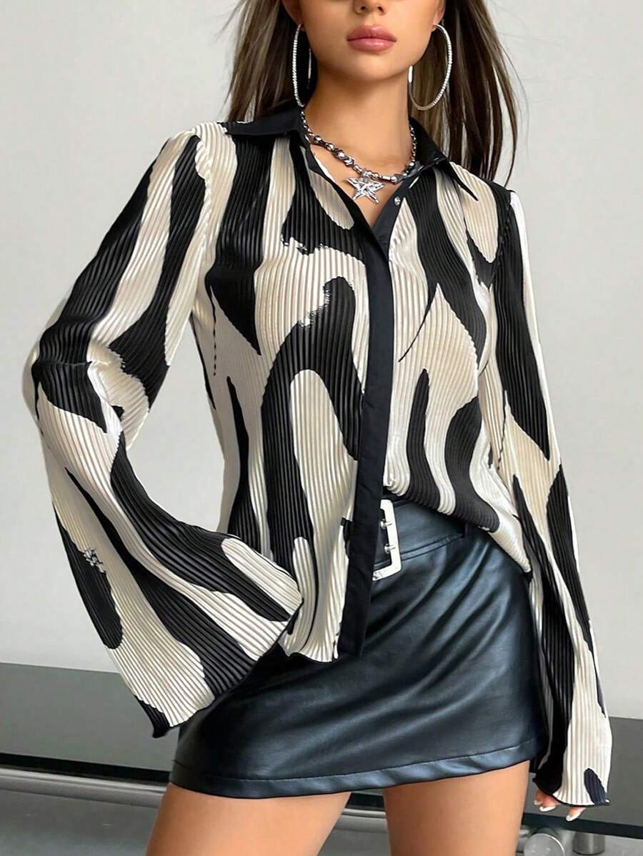 SHEIN ICON Allover Print Flounce Sleeve Spring Shirt,Long Sleeve Tops ...