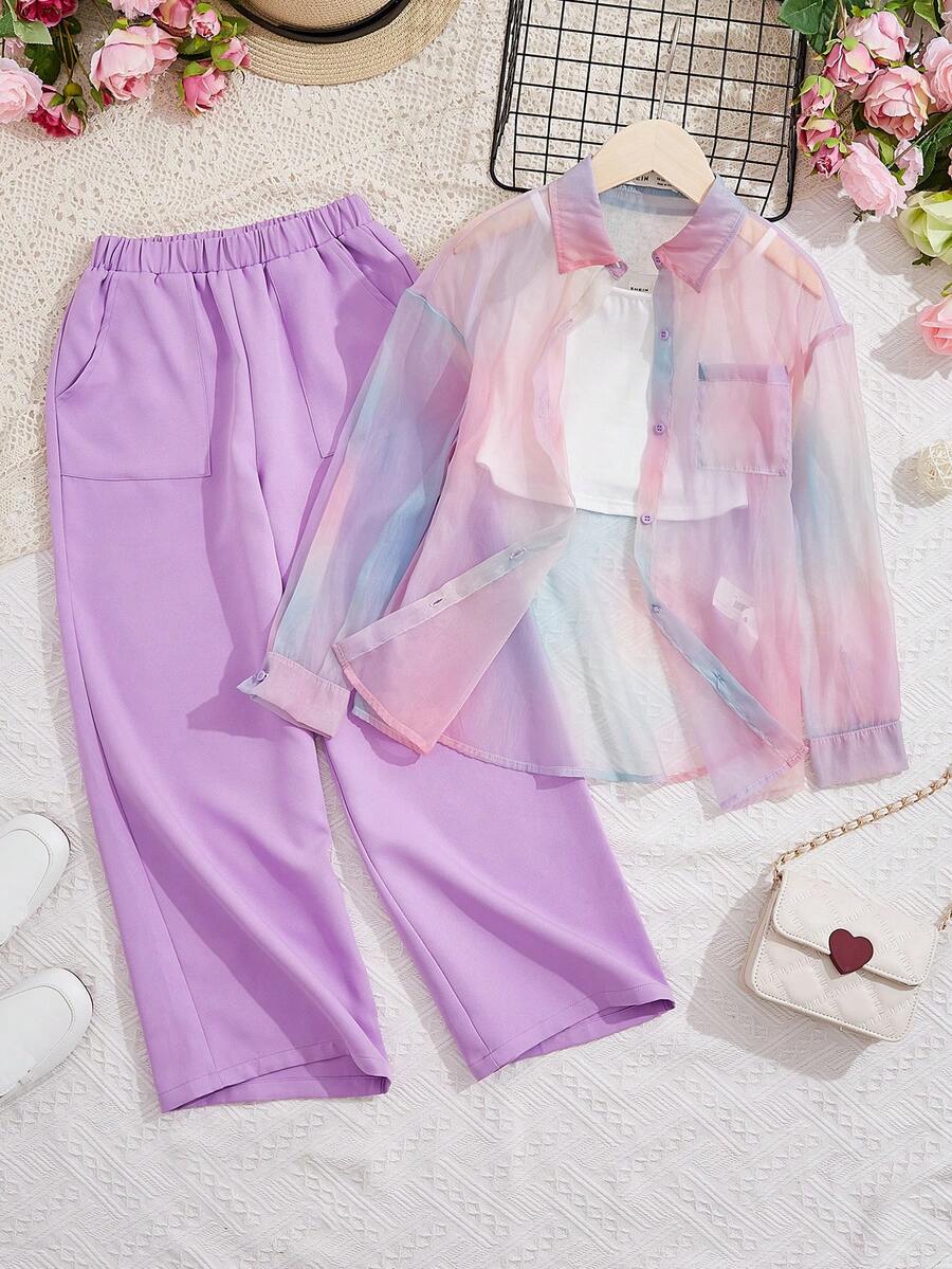 SHEIN Tween Girl Tie Dye Shirt & Pants & Cami Top | SHEIN USA