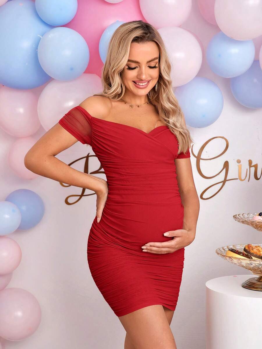 Loomaby Gender Reveal Dress Maternity Off-Shoulder Ruched Bodycon Dress ...