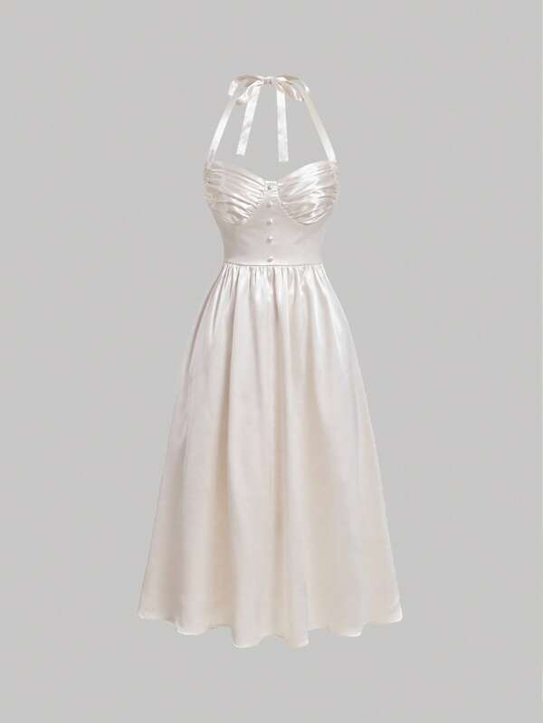 Shein Mod Ruched Bust Tie Backless Halter Dress Shein Uk