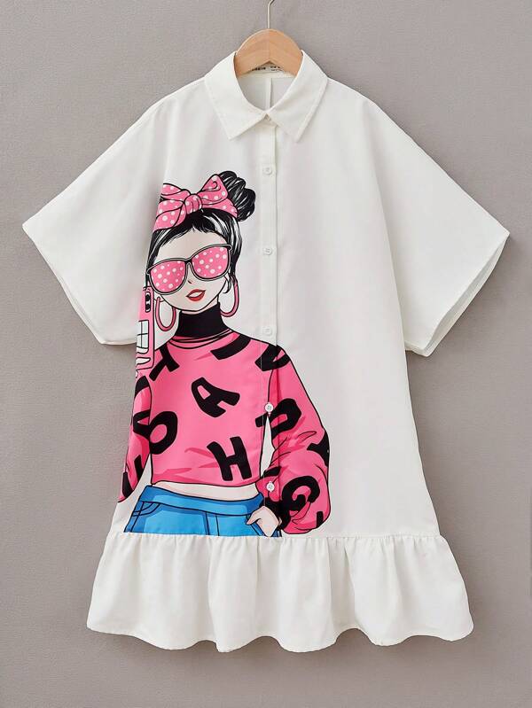 SHEIN Tween Girl Figure Graphic Ruffle Hem Smock Dress | SHEIN USA