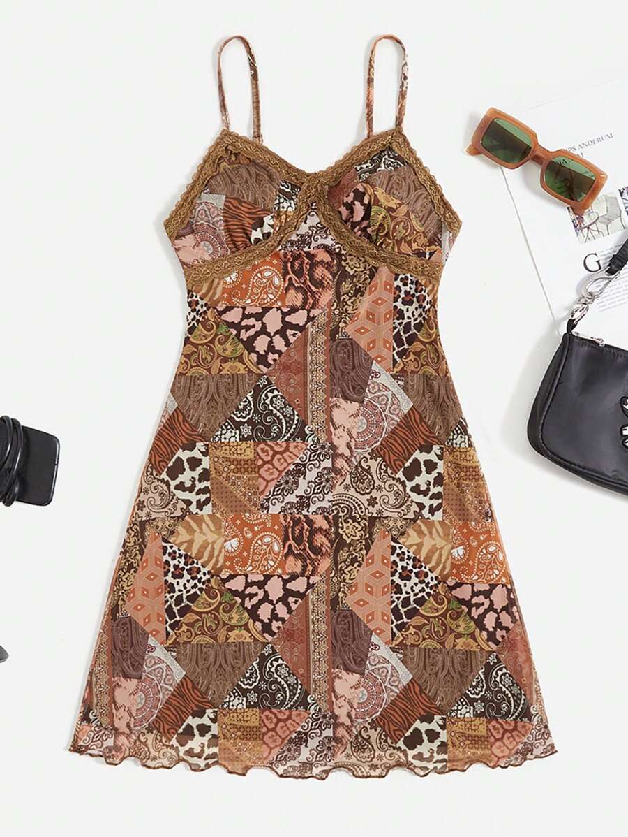 SHEIN VCAY Paisley & Patchwork Print Contrast Lace Lettuce Trim Cami ...