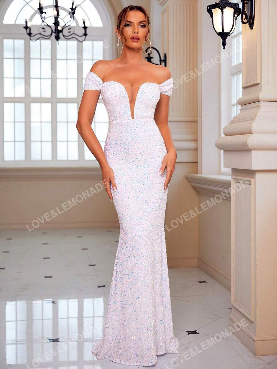 LOVE&LEMONADE Off Shoulder Sequin Mermaid Hem Formal Dress | SHEIN USA