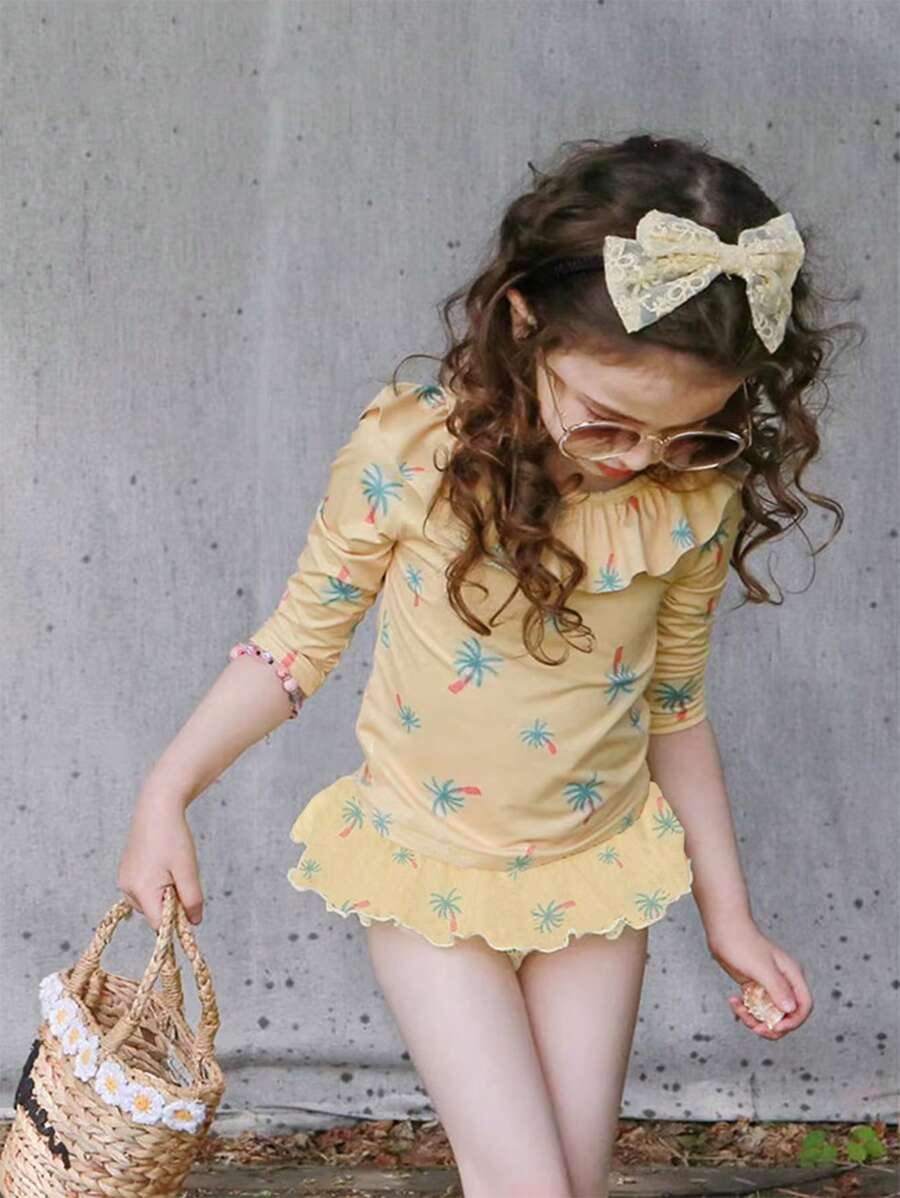 Young Girls' Cute Princess Style Floral Printed Two-Piece Swimwear With ...