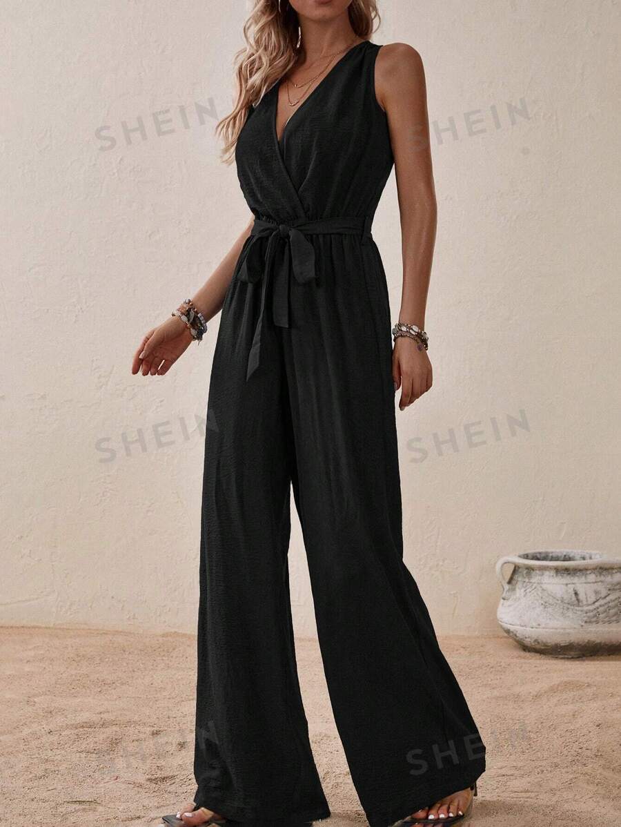 SHEIN LUNE Women Black Jumpsuit With Crisscross V-Neckline, Waist Tie And Butterfly Sleeve ...