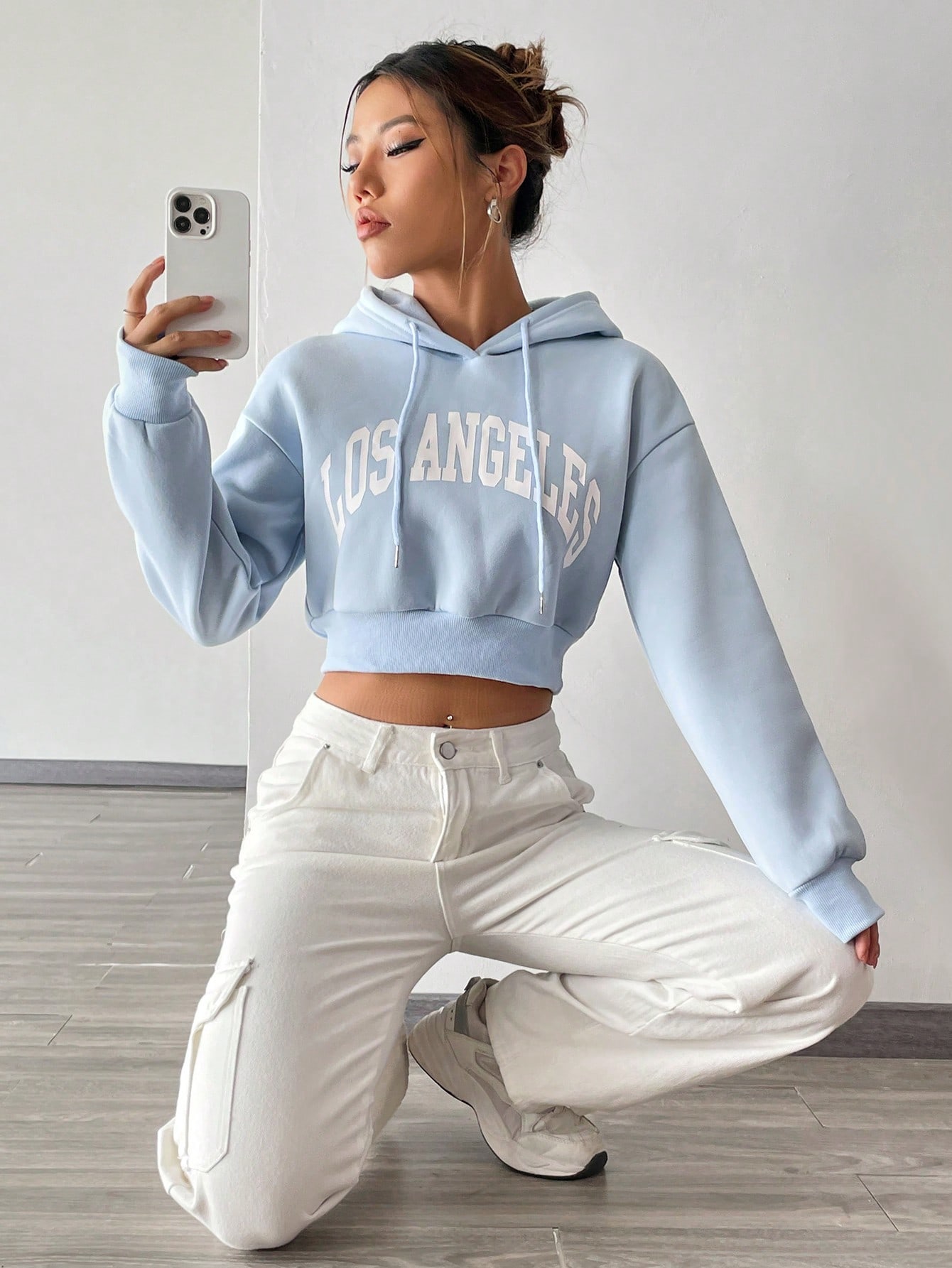 SHEIN Qutie Letter Graphic Drop Shoulder Drawstring Crop Hoodie | SHEIN USA