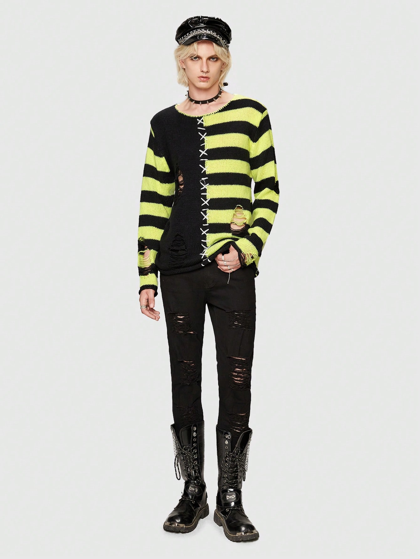 ROMWE Grunge Punk Guys Striped Two Tone Ripped Lace Up Front Sweater ...