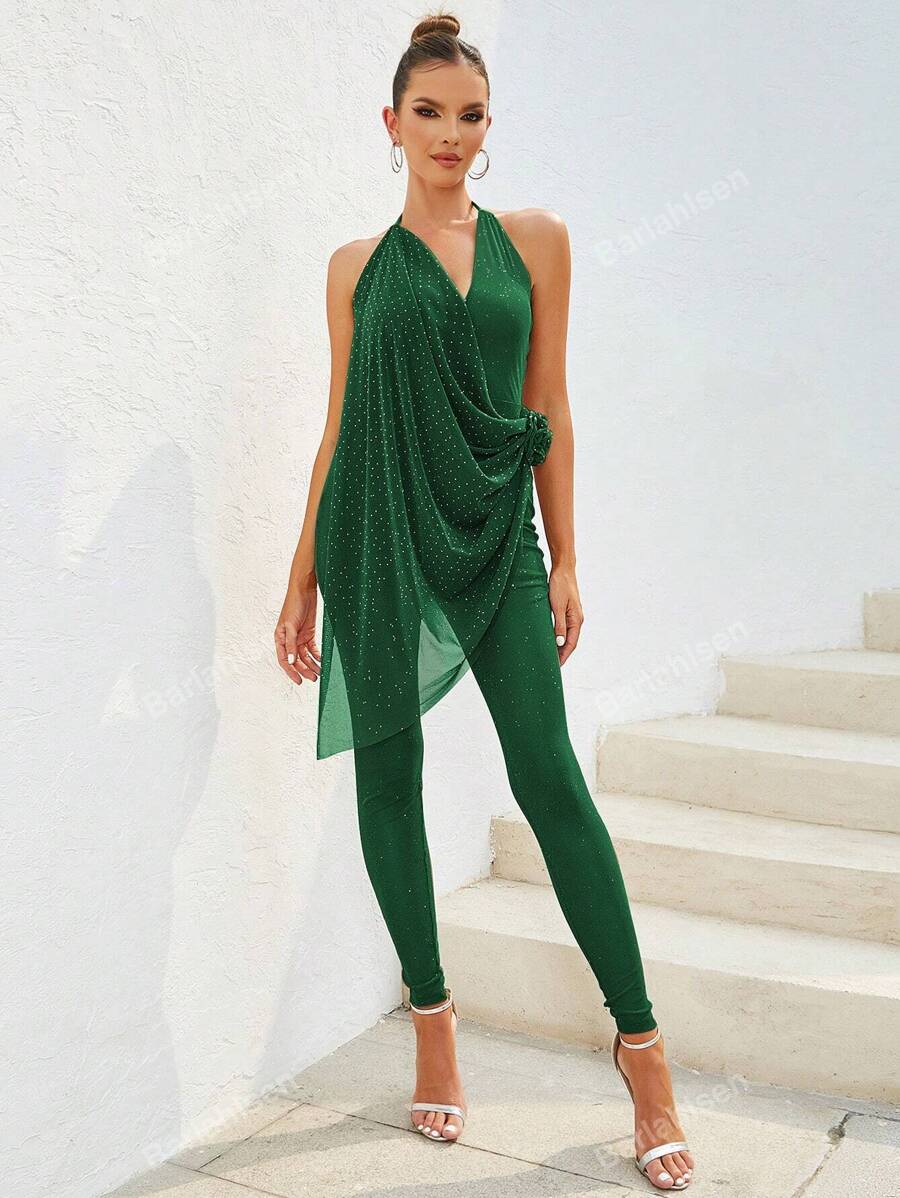 Draped Side Halter Neck Unitard Jumpsuit | SHEIN USA