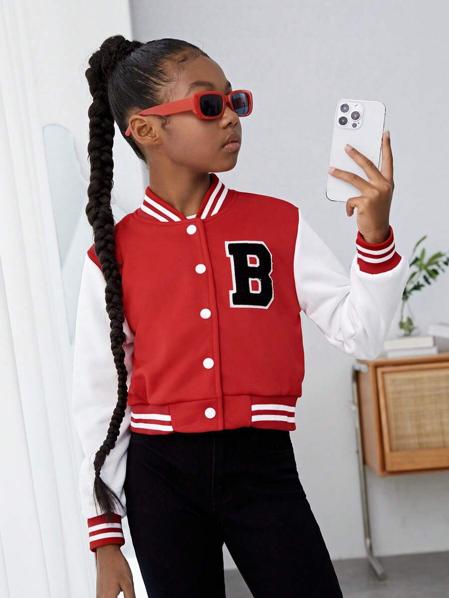 Shein Tween Girl Letter Patched Striped Trim Colorblock Varsity Jacket